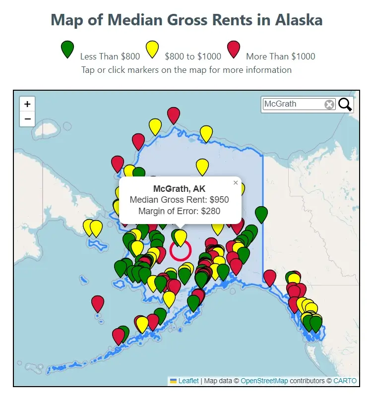 Interactive Map of Median Rental Rates for Towns and Cities in Alaska
