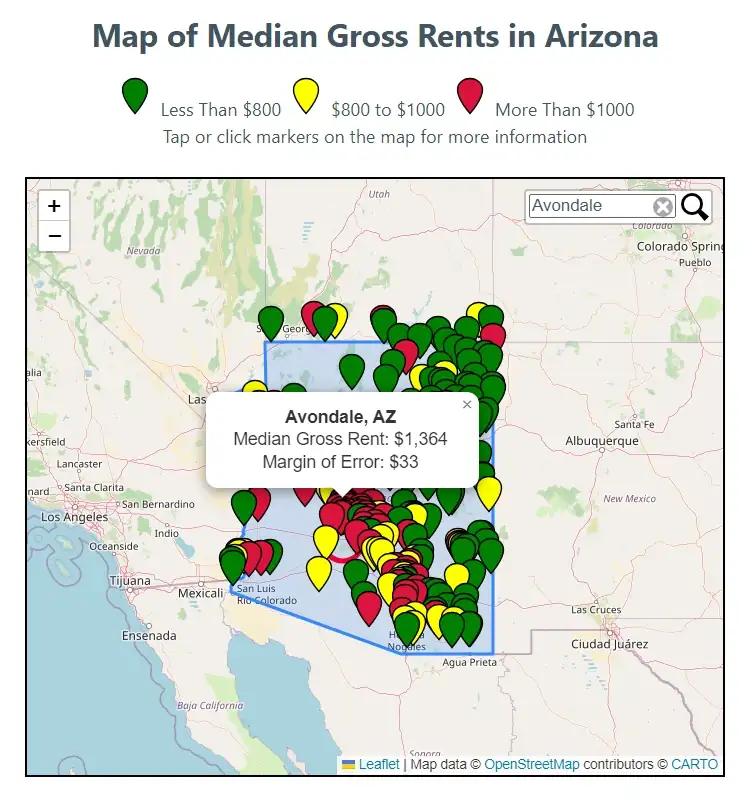 Interactive Map of Median Rental Rates for Towns and Cities in Arizona