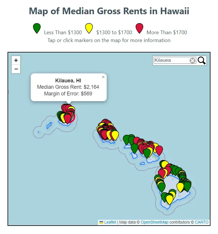 Interactive Map of Median Rental Rates for Towns and Cities in Hawaii