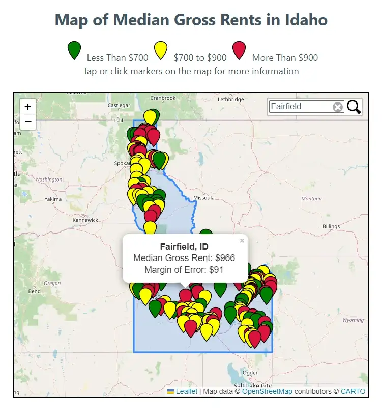 Interactive Map of Median Rental Rates for Towns and Cities in Idaho