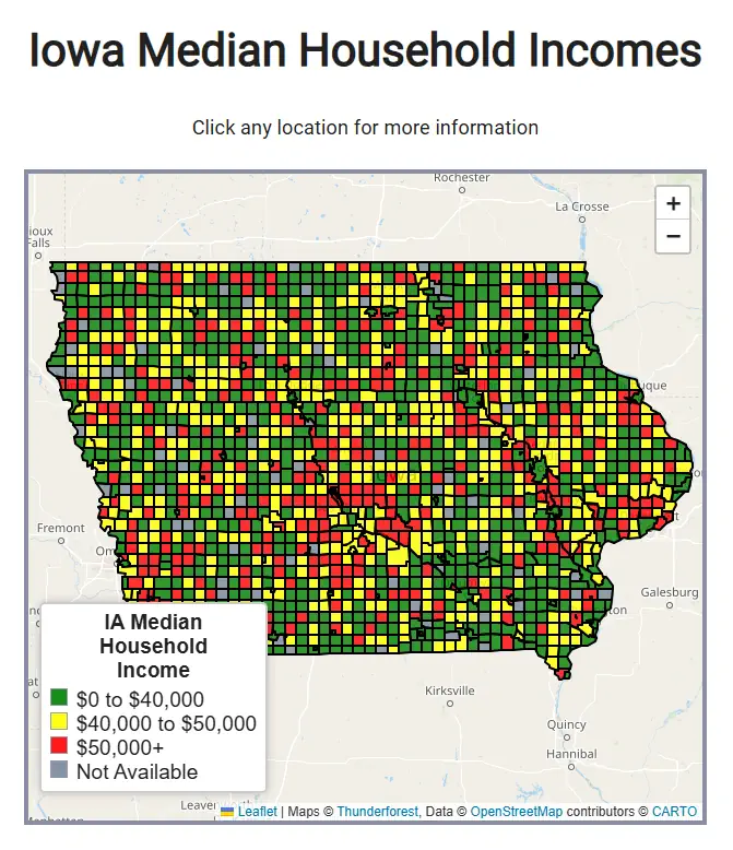 Map of Iowa Average Income by Location