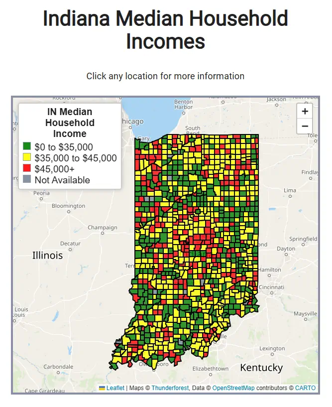 Map of Indiana Average Income by Location