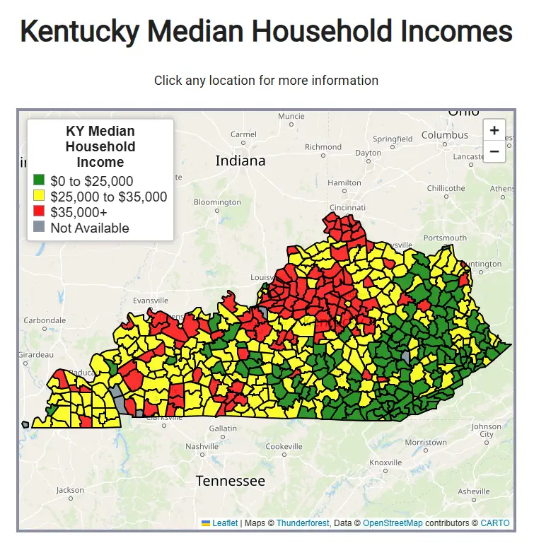 Map of Kentucky Average Income by Location