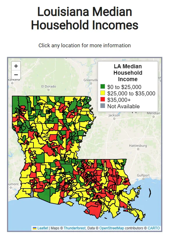 Map of Louisiana Average Income by Location