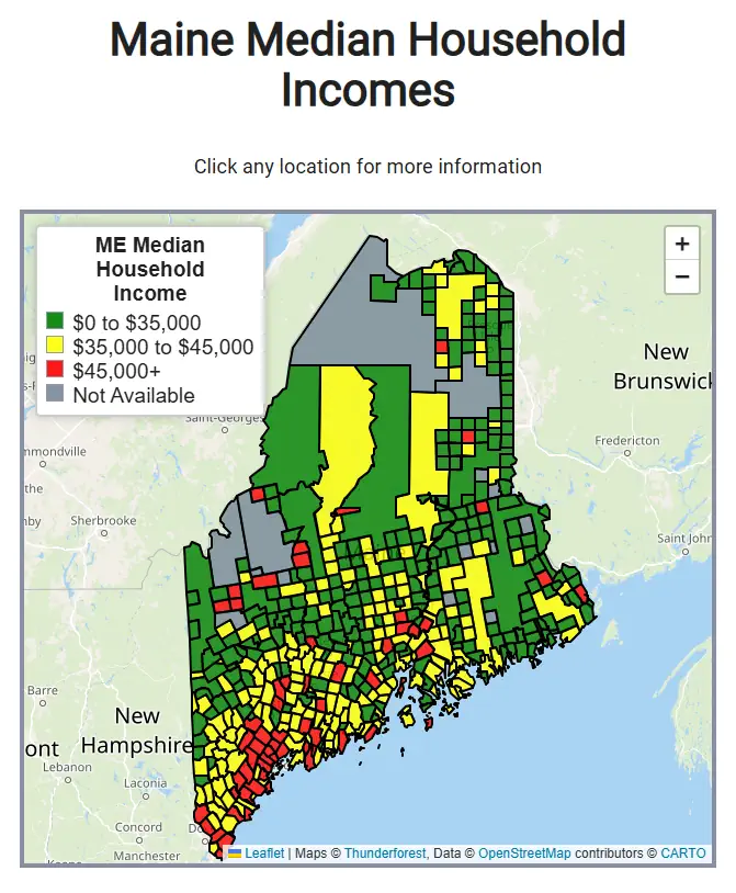 Map of Maine Average Income by Location