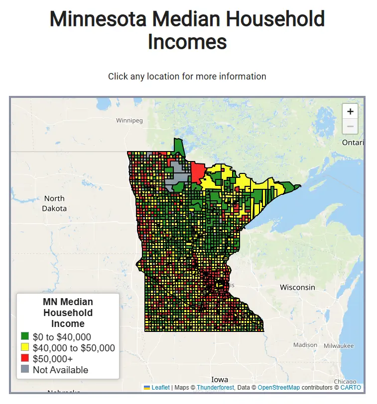 Map of Minnesota Average Income by Location