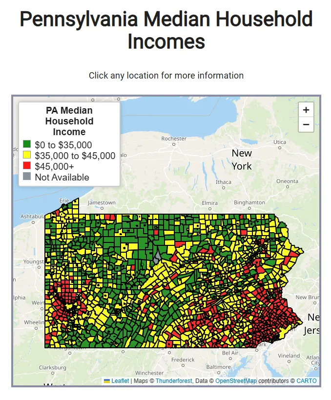 Map of Pennsylvania Average Income by Location