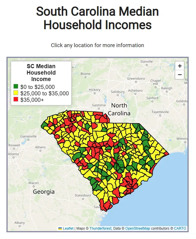 Map of South Carolina Average Income by Location