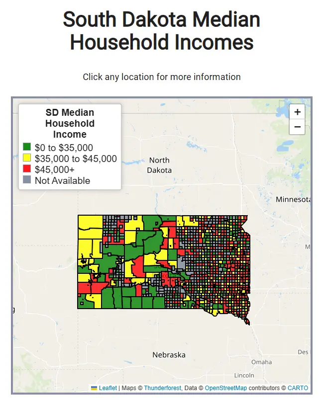 Map of South Dakota Average Income by Location