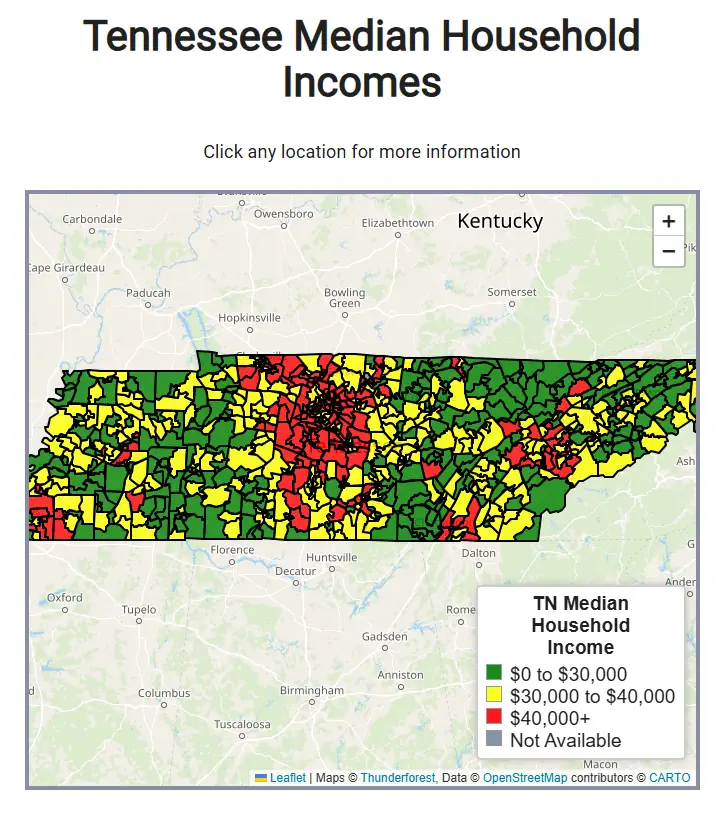 Map of Tennessee Average Income by Location