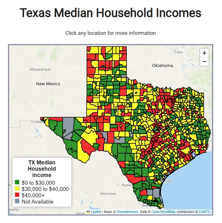 Map of Texas Average Income by Location