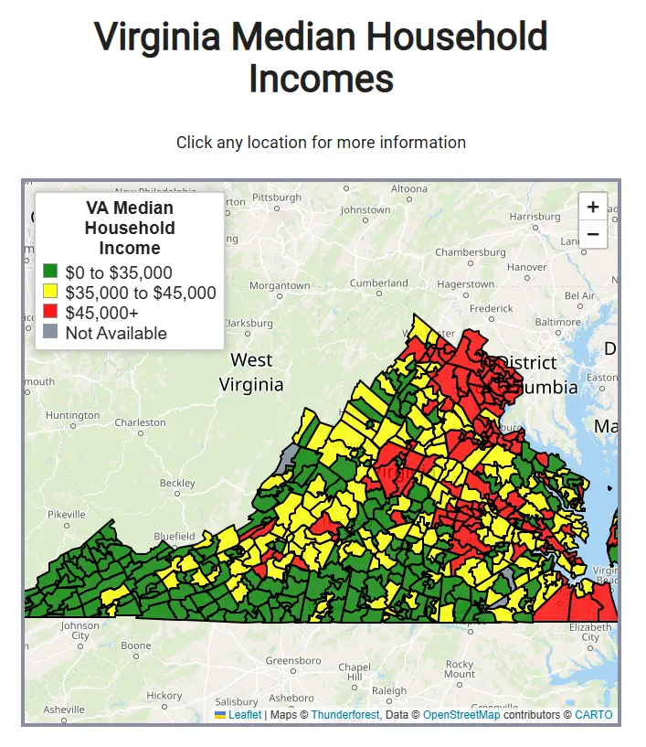 Map of Virginia Average Income by Location