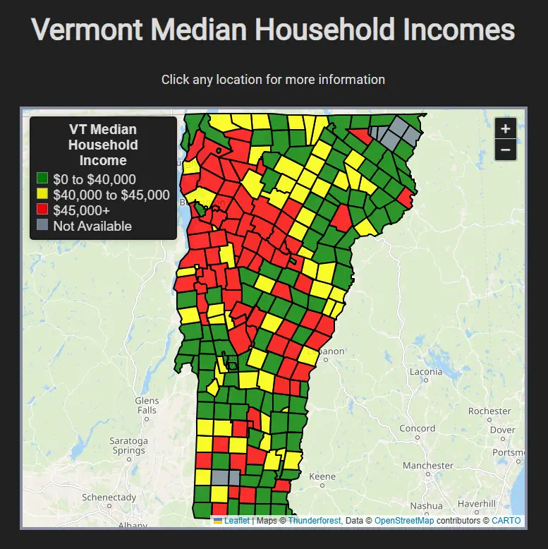 Map of Vermont Average Income by Location