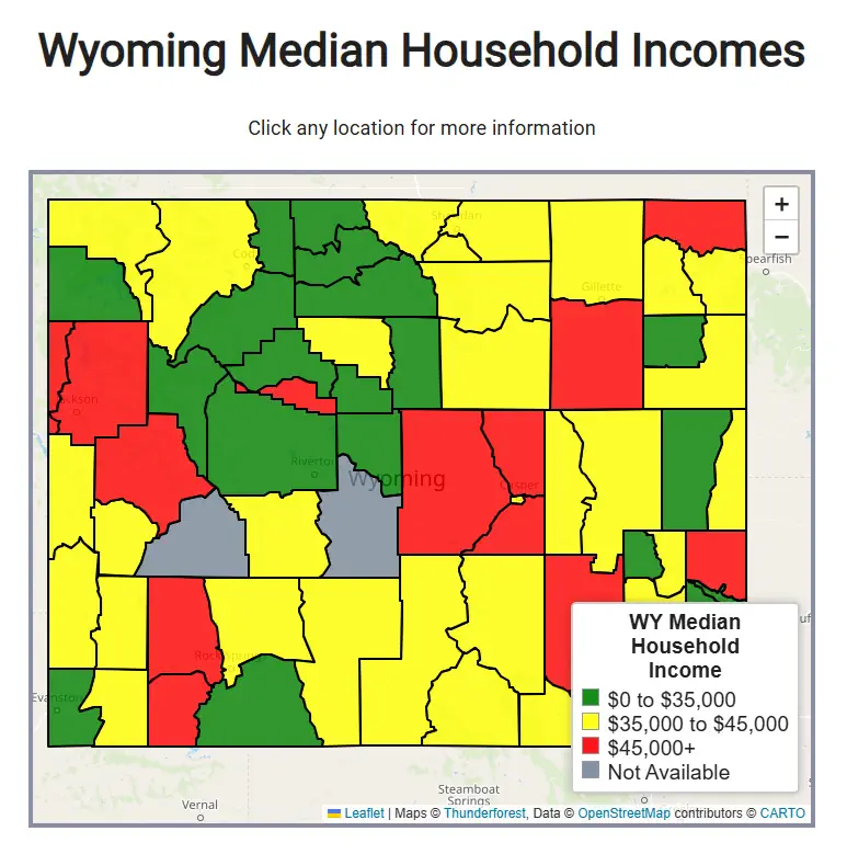 Map of Wyoming Average Income by Location