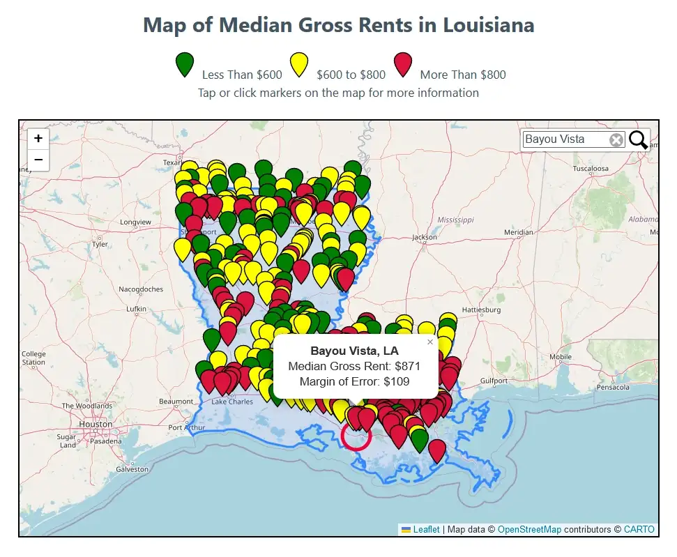 Louisiana Median Rental Rates for Towns and Cities
