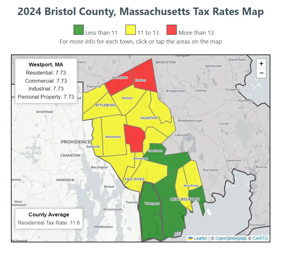 Bristol County Massachusetts 2024 Property Tax Rates Map
