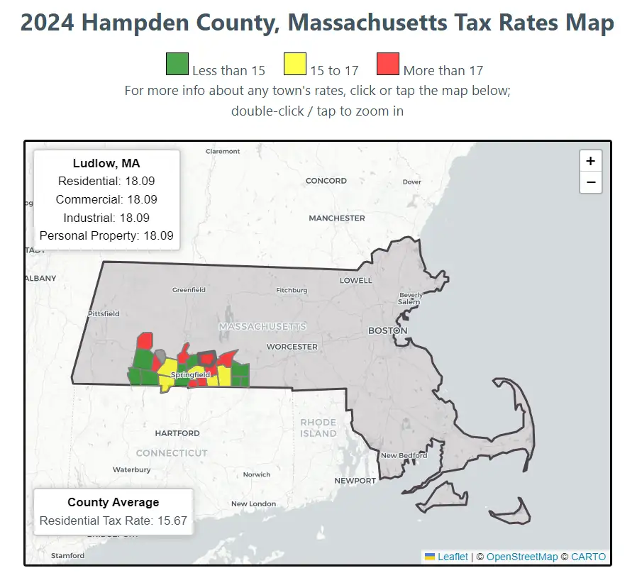 2024 Hampden County Massachusetts Property Tax Rates on a Map