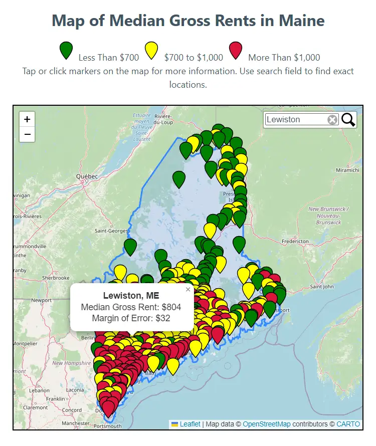 Map of Median Rental Rates for Maine Towns and Cities
