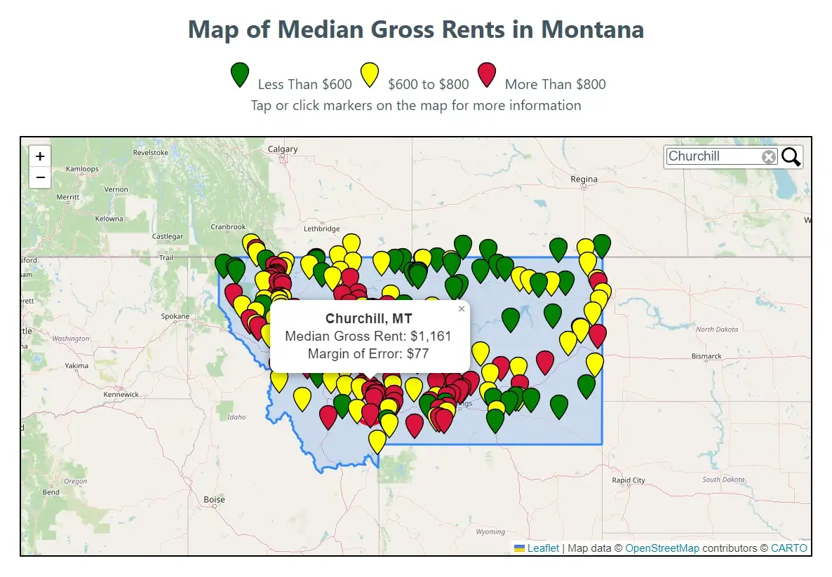 Interactive Map of Median Rental Rates for Towns and Cities in Montana