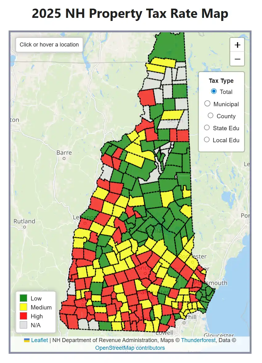 2025 New Hampshire Property Tax Rates Map and Table
