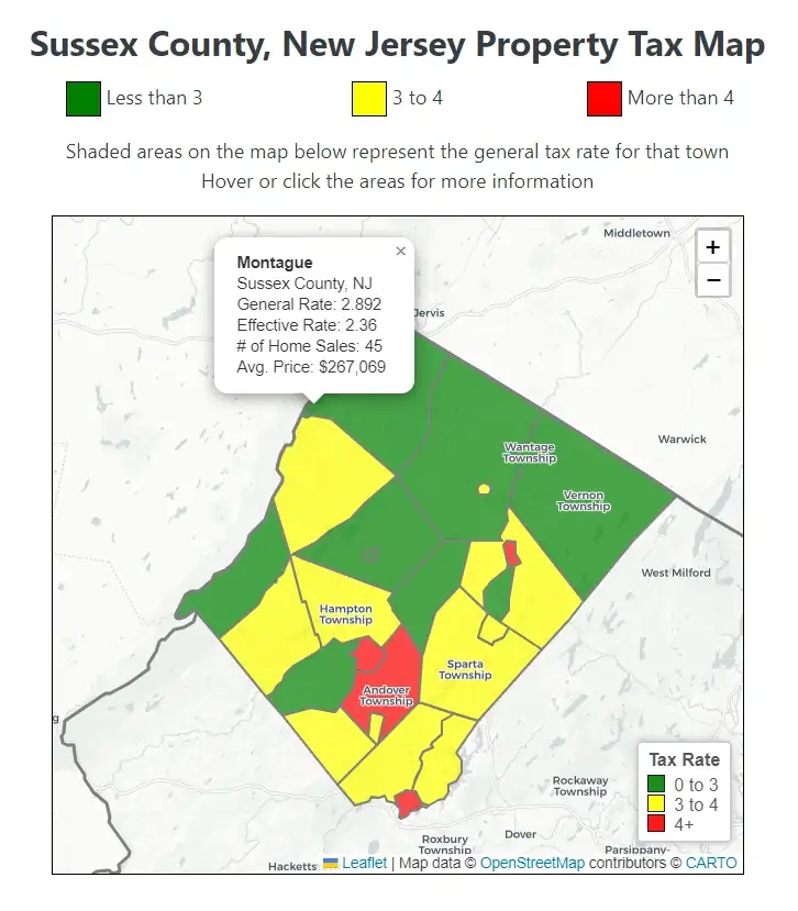 Map of Sussex County, NJ Property Tax Rates, Average Assessments and ...