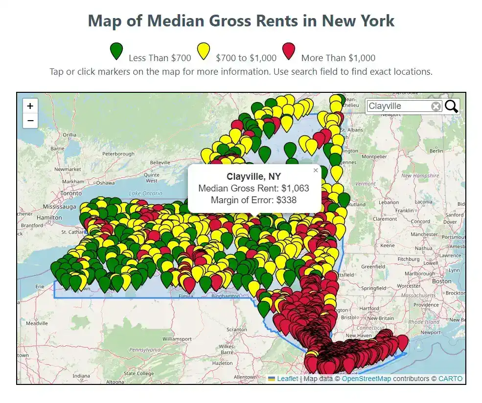 Map of Median Rental Rates for New York Towns and Cities