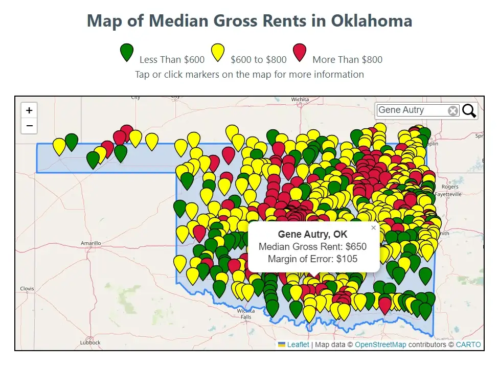 Interactive Map of Median Rental Rates for Towns and Cities in Oklahoma