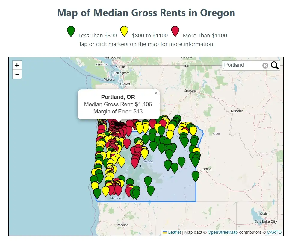 Interactive Map of Median Rental Rates for Towns and Cities in Oregon