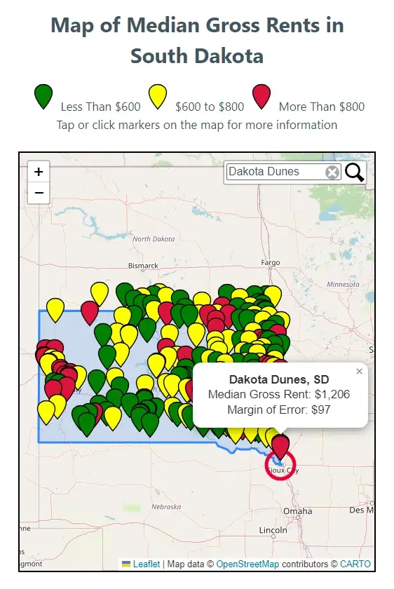 Interactive Map of Median Rental Rates for Towns and Cities in South Dakota