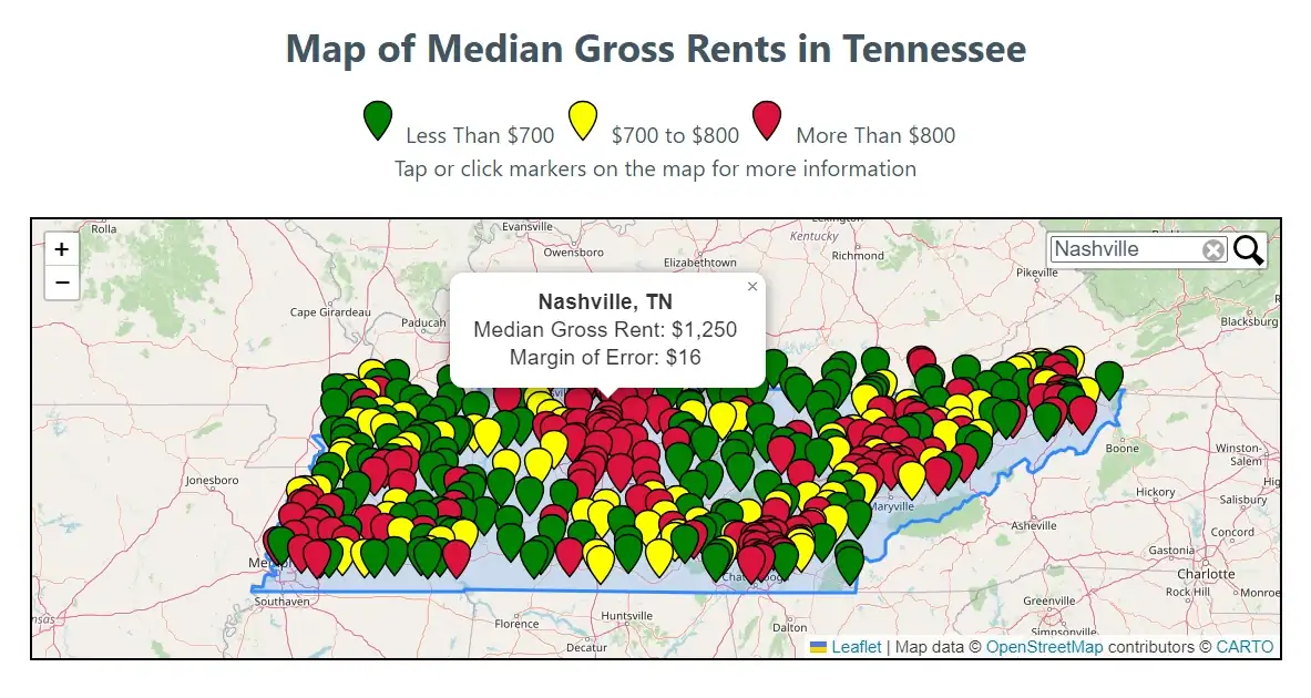 Tennessee Median Rental Rates for Towns and Cities