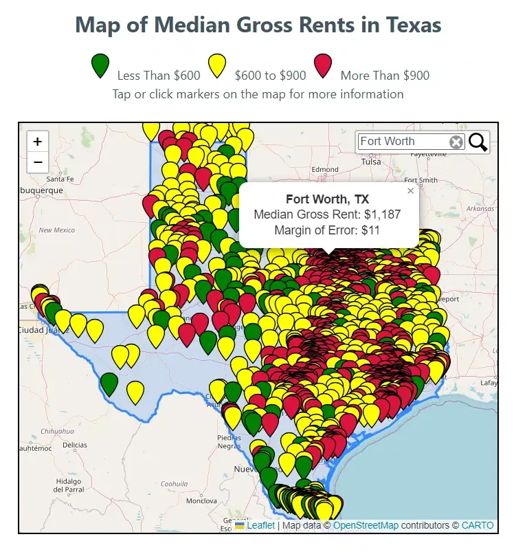 Interactive Map of Median Rental Rates for Towns and Cities in Texas