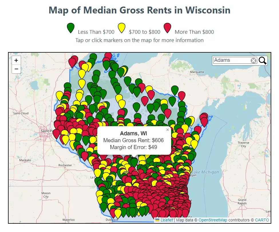 Wisconsin Median Rental Rates for Towns and Cities