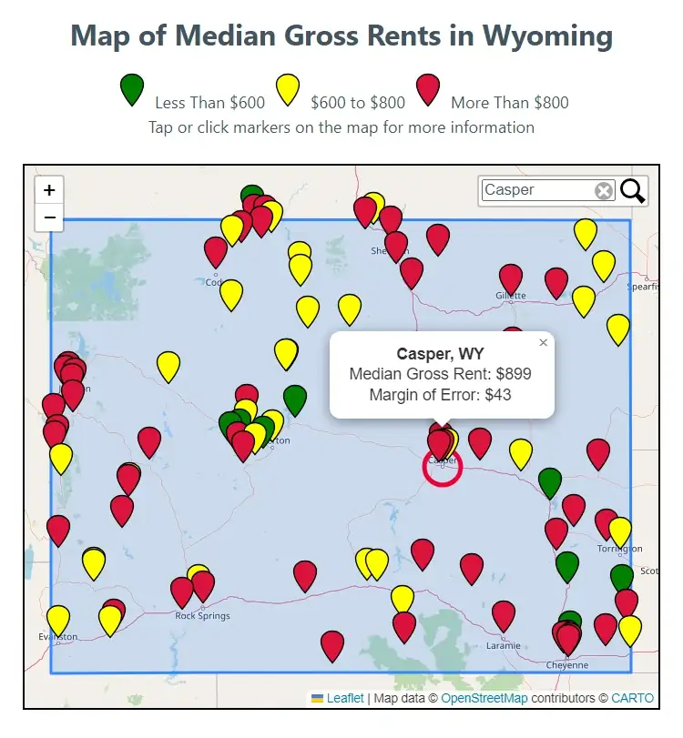 Interactive Map of Median Rental Rates for Towns and Cities in Wyoming